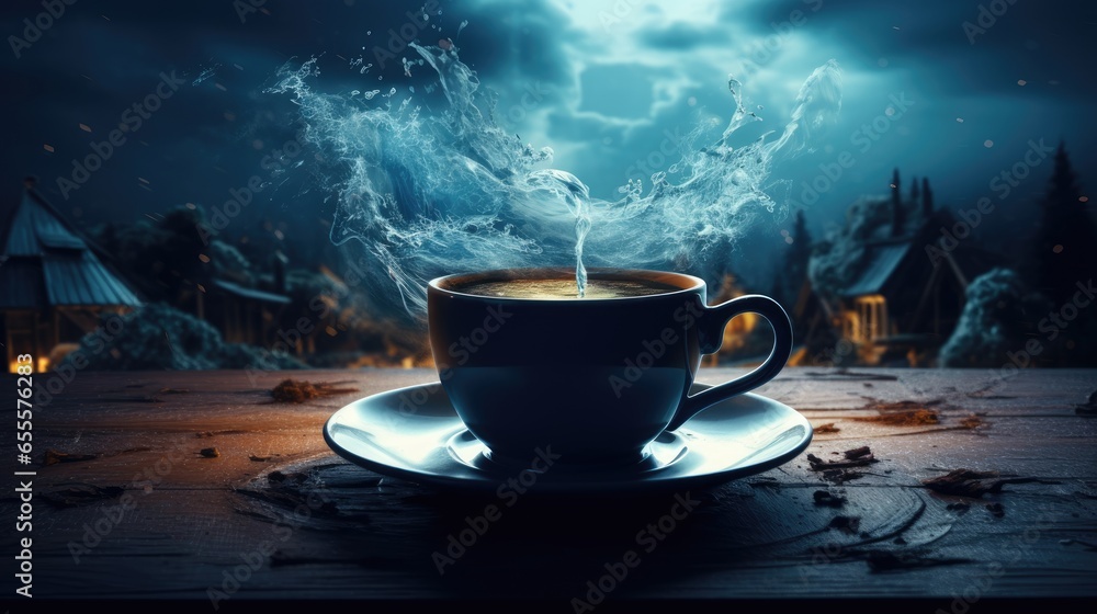 Tornado in a cup of coffee on a window sill on stormy night standing ...