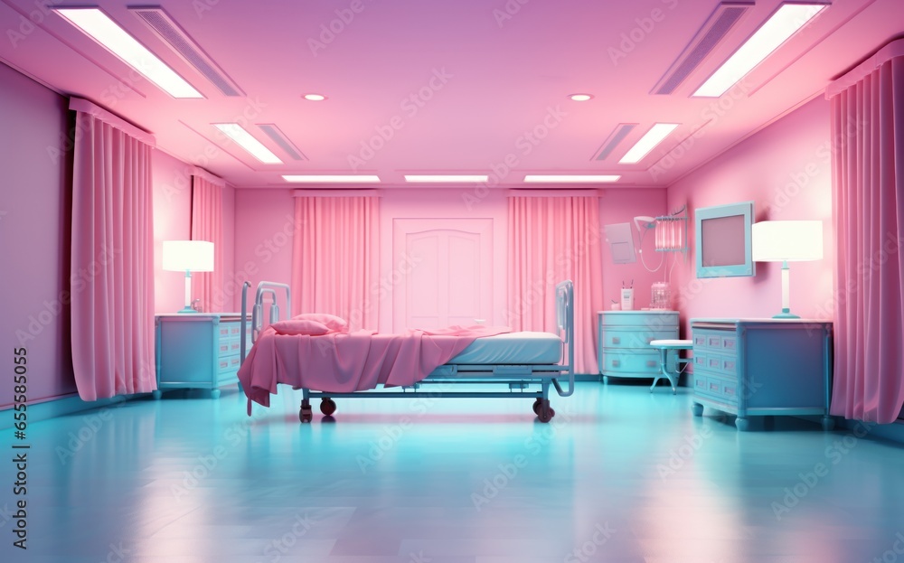 Hospital bed with electronic control panel in pink, turquoise, teal and ...