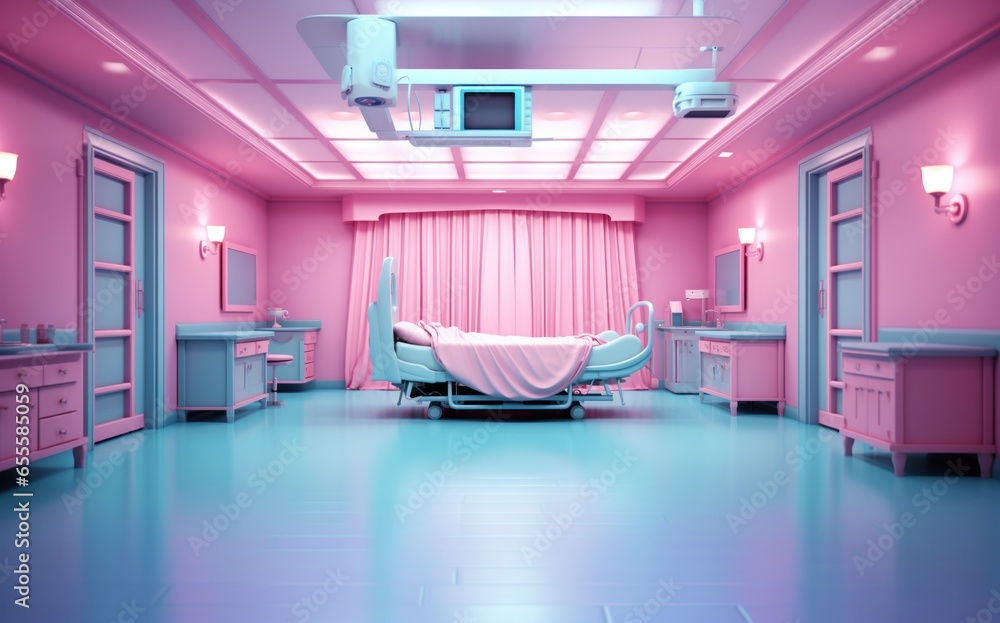 Hospital bed with electronic control panel in pink, turquoise, teal and ...