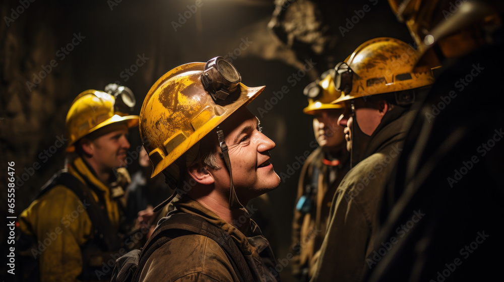 The engineer talking with group labor in the mine tunnel Stock ...