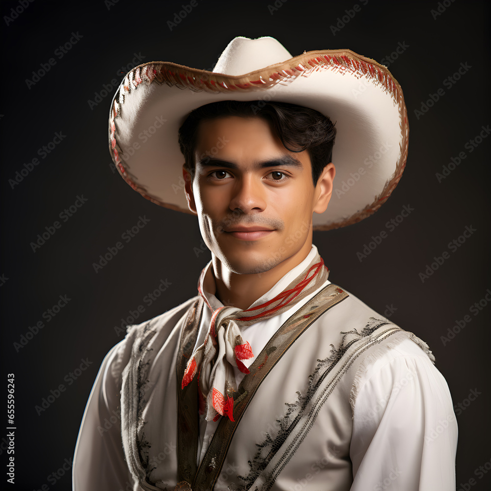 Portrait of young Mexican man in a male Mexico national costume in dark ...