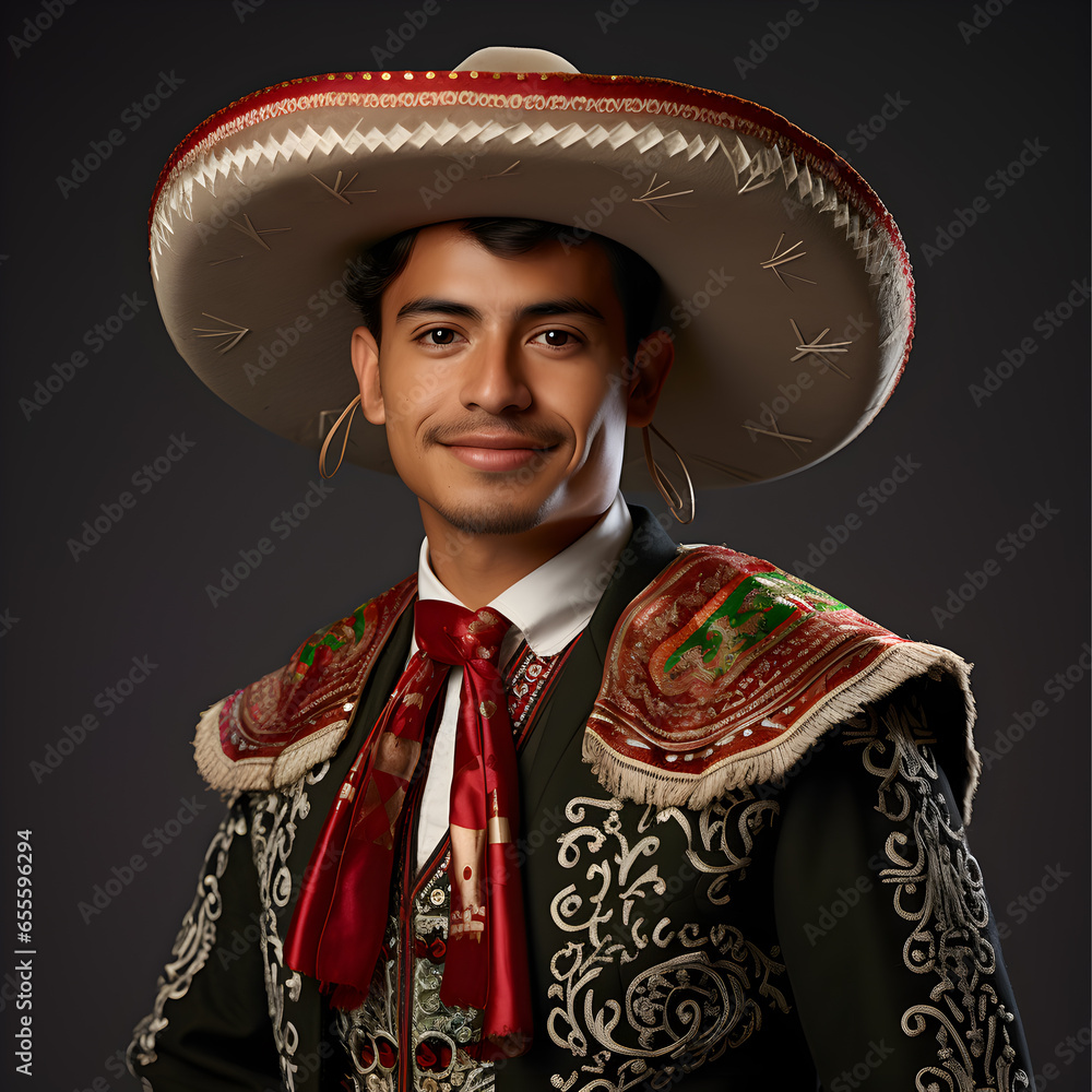 Portrait of young Mexican man in a male Mexico national costume in dark ...