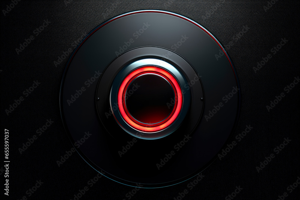 Modern black round shaped push button with red light of switching on ...