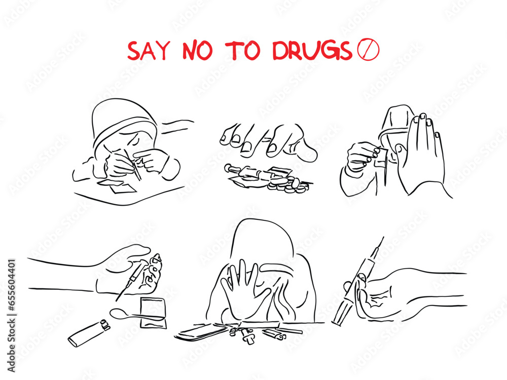 hand drawn illustration of drug addicts. Drug abuse vector art. Friends ...