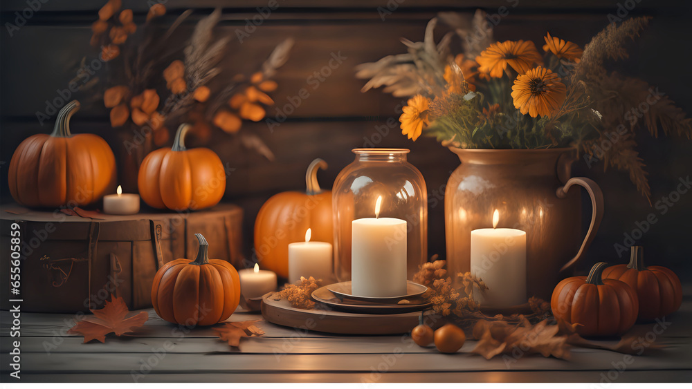 Cozy fall corner border with pumpkins, leaves and blanket. view on a ...
