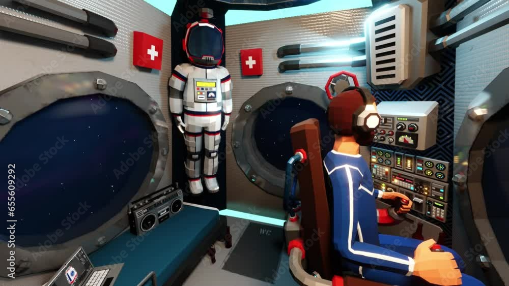 Astronaut in cockpit of spaceship surrounded by instruments and ...