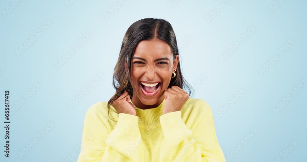 Vidéo Stock Happy, excited woman and wow face in studio with ...