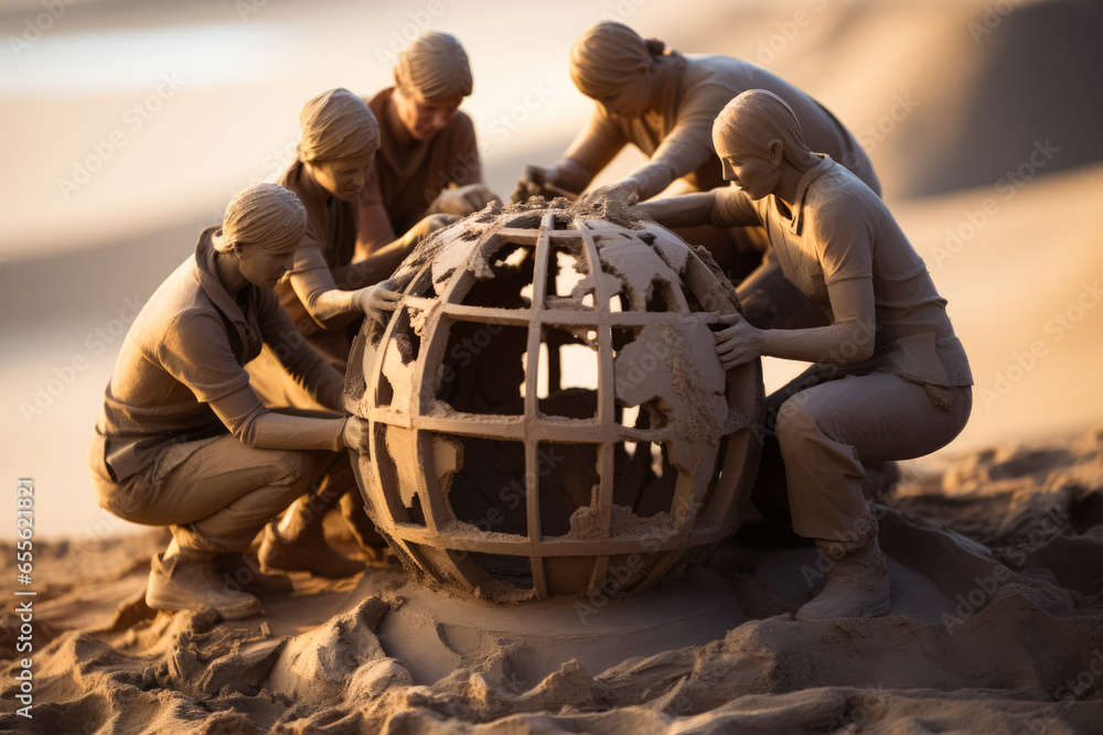 Artists constructing a global unity sand sculpture for Human Solidarity ...