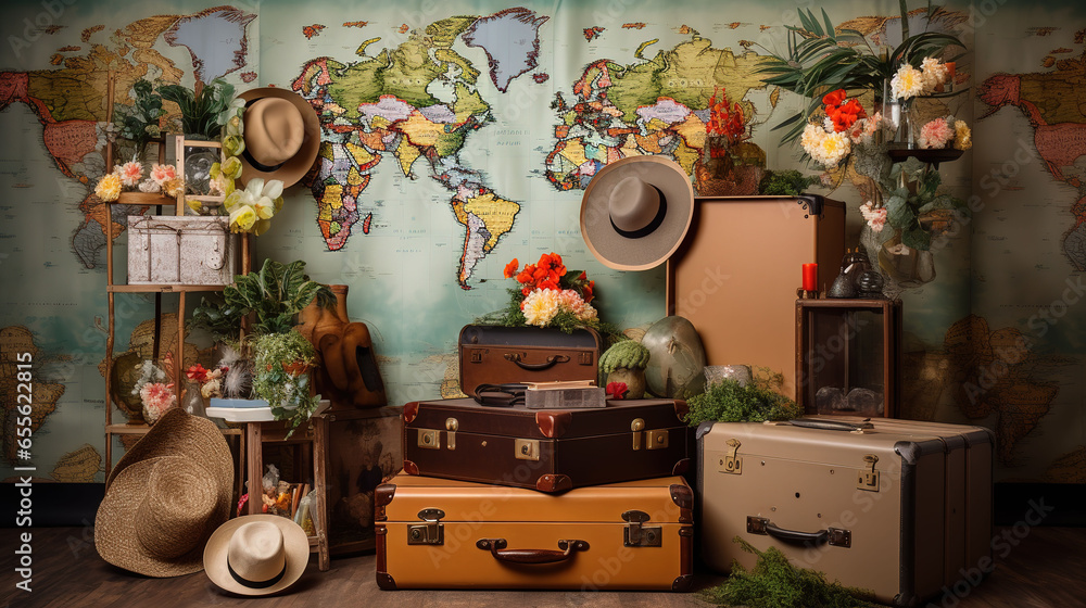 Vintage Travel Inspired Photo Booth and World Map Backdrop Stock ...