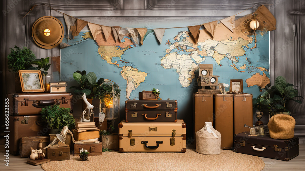 Vintage Travel Inspired Photo Booth and World Map Backdrop Stock ...