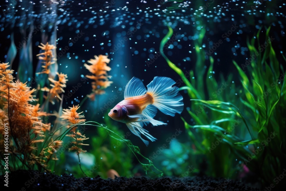 calming scene of a pet fish swimming in an illuminated aquarium Stock ...