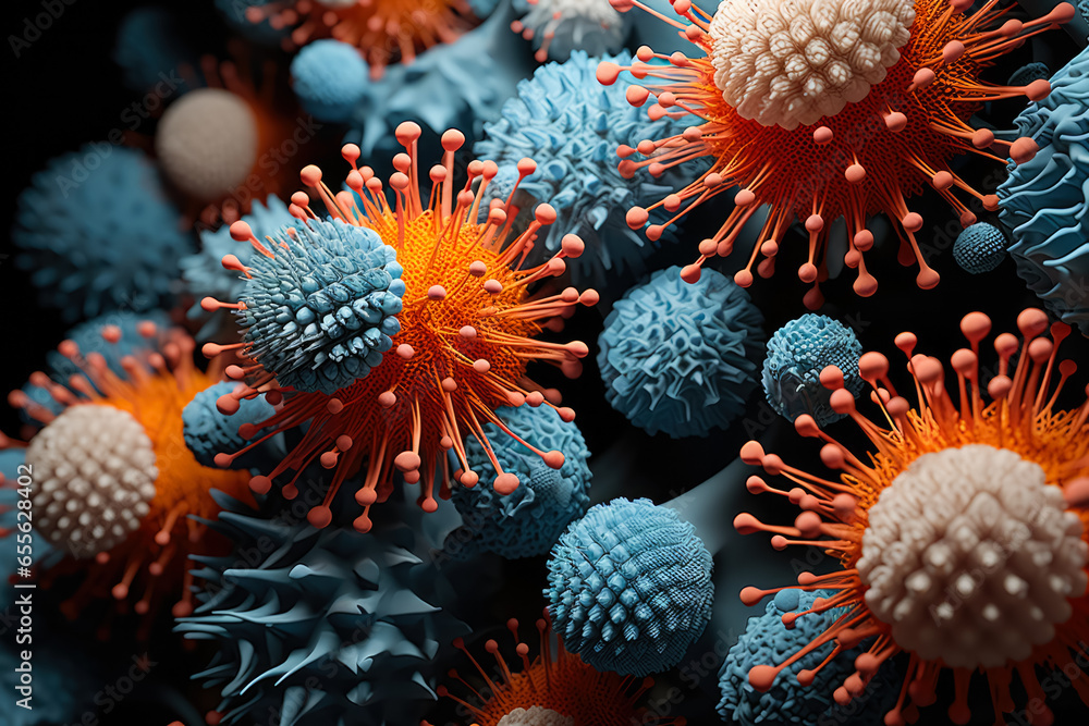 Extreme close-up imagery depicting detailed structures of viruses under ...