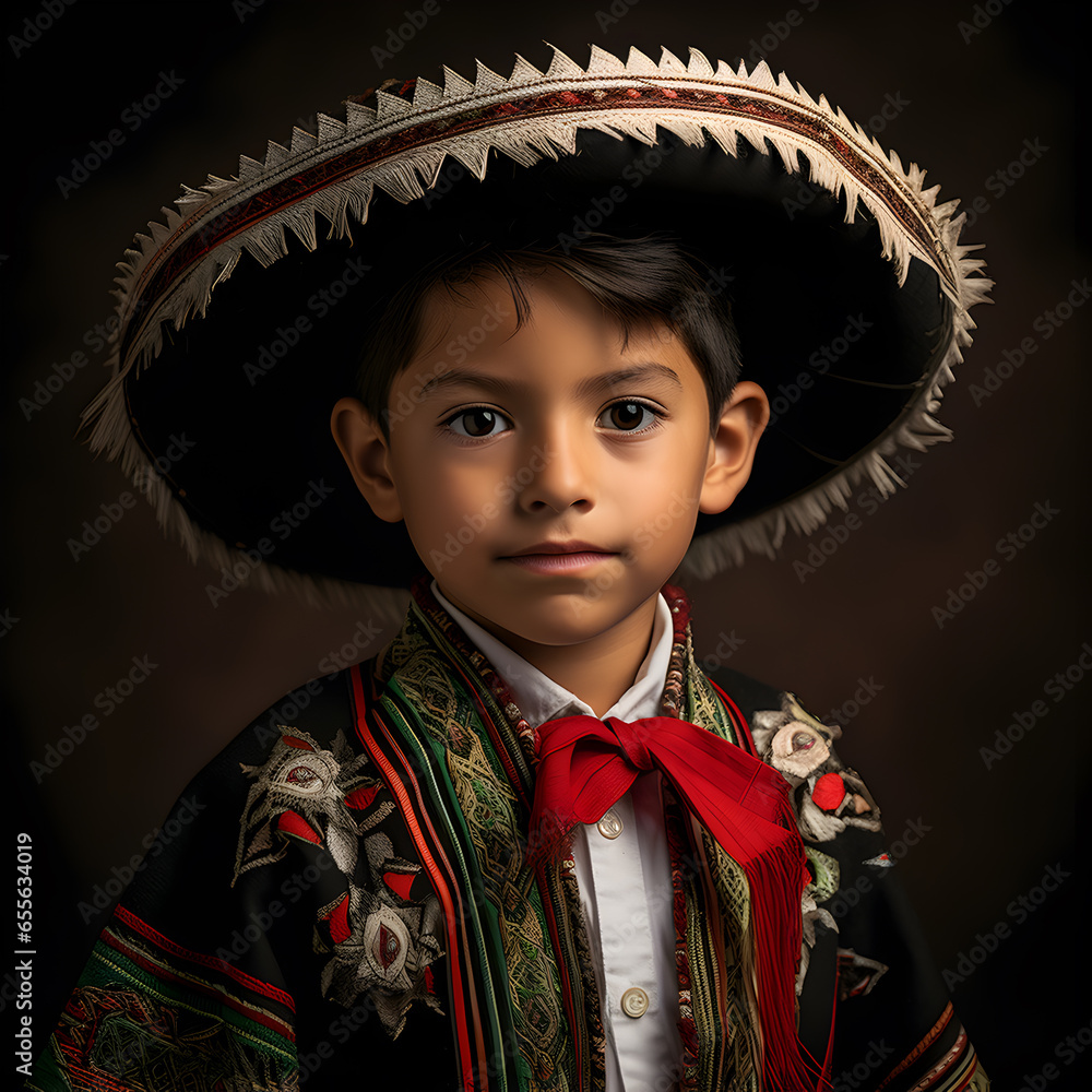 Portrait of Mexican boy in a Mexico national costume in dark studio ...