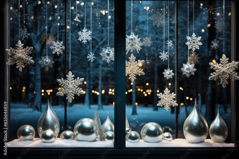 Snowflakes cutouts in Christmas window displays background with empty ...