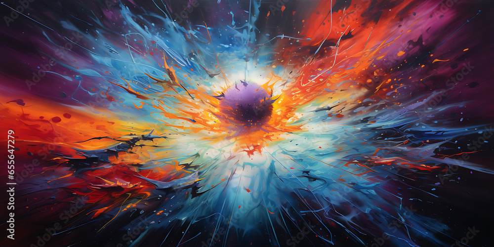 An explosive abstract artwork with intense bursts of electric blues ...