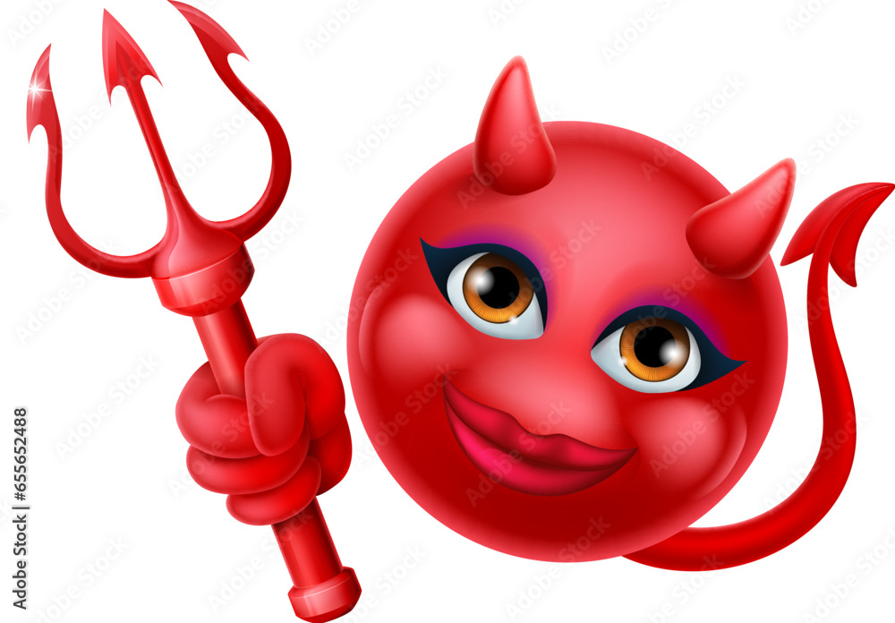 A red devil or satan emoji emoticon female woman face holding a trident ...