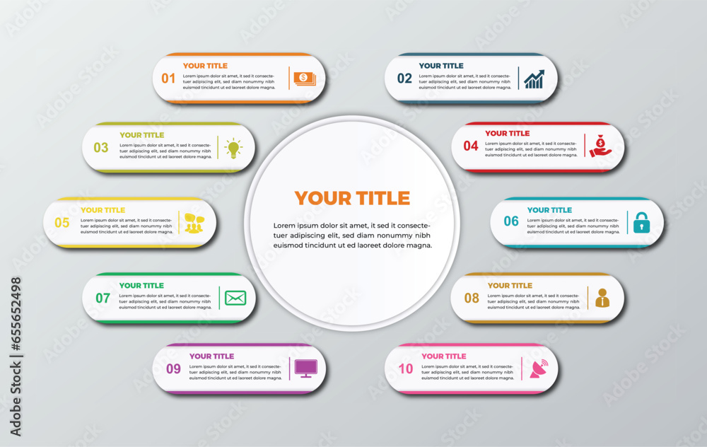 10 list of steps, layout diagram with number of sequence, circular infographic element template ...