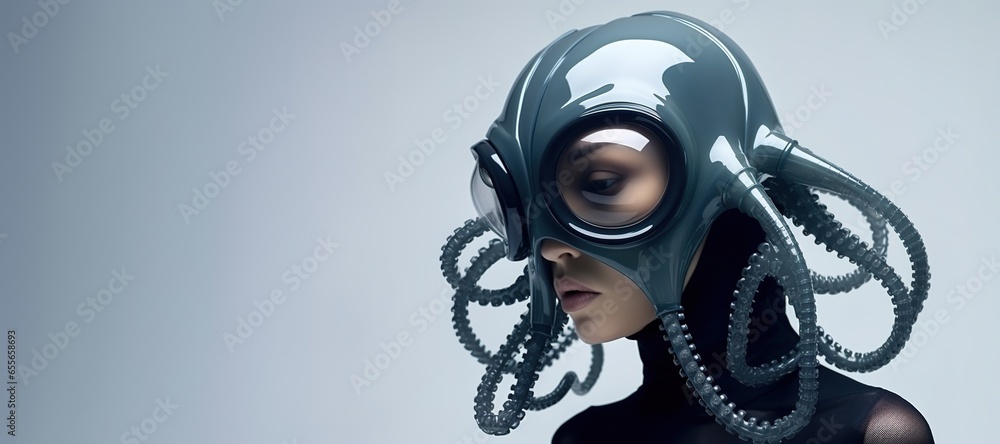 Generative AI, Woman in plastic blue octopus like mask, high tech ...