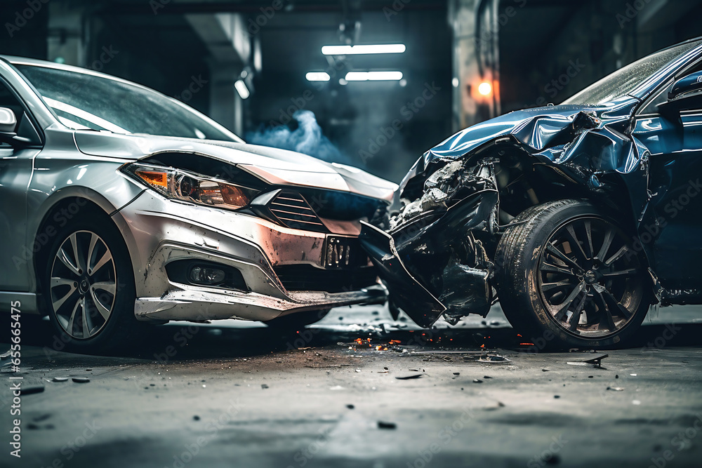 Car accident of two cars, collision of cars. Two cars are damaged after ...