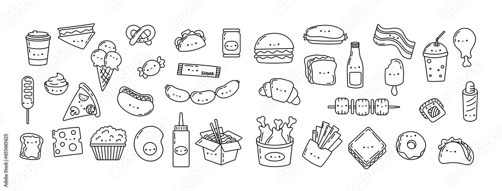Set Kawaii Sticker Fast Food Coloring Page. Collection Cute Kawaii Fast ...