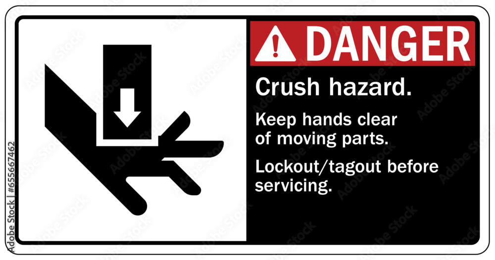 Crush and cut hazard warning sign and labels Moving parts can crush and ...
