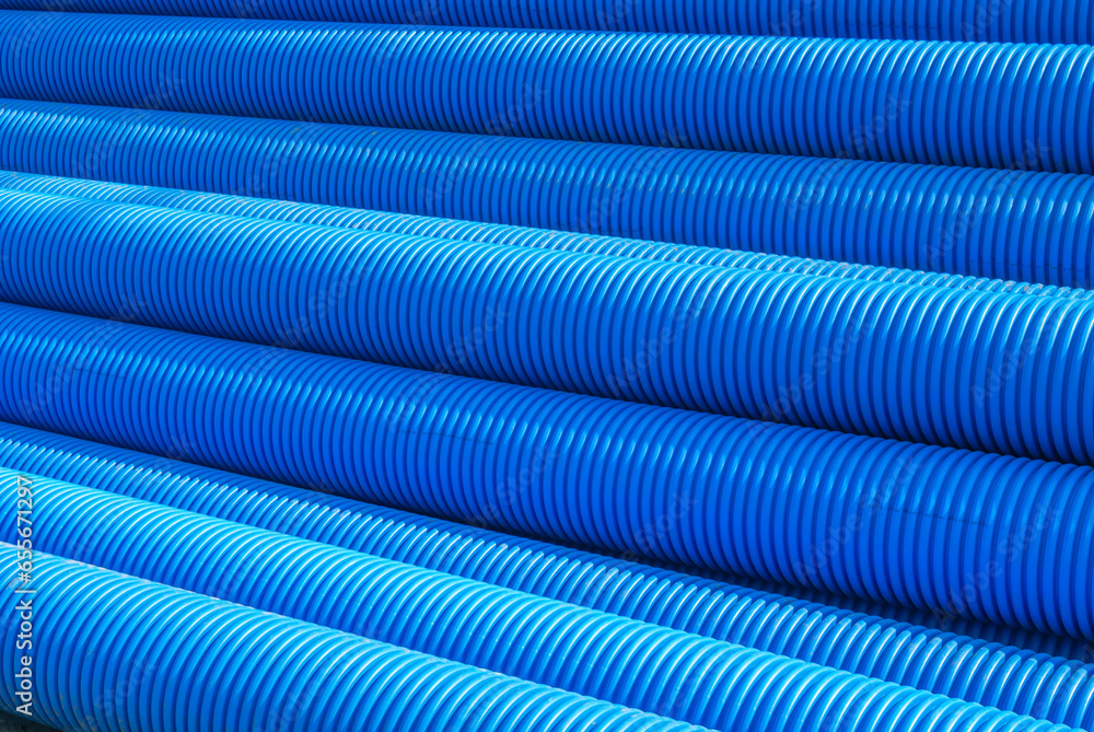 Blue plastic drain pipe with thread. Corrugated sewer pipes of large ...