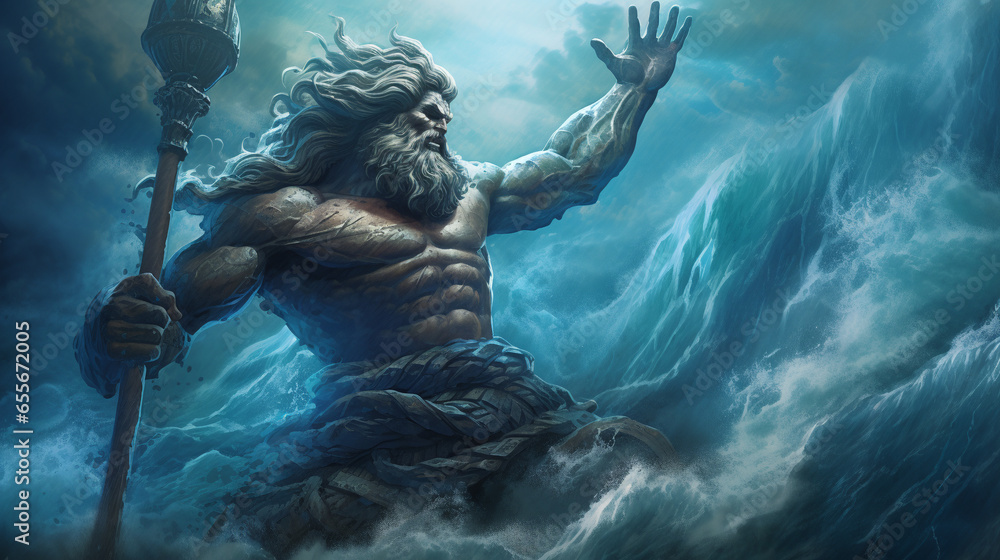 god Poseidon raises waves with a wave of his hand in rage. ai ...