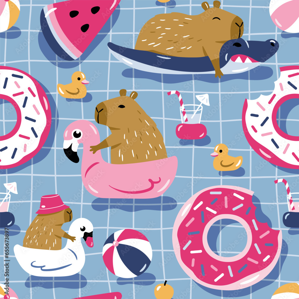 Seamless vector pattern with cute capybaras on pool floats. Hand drawn ...