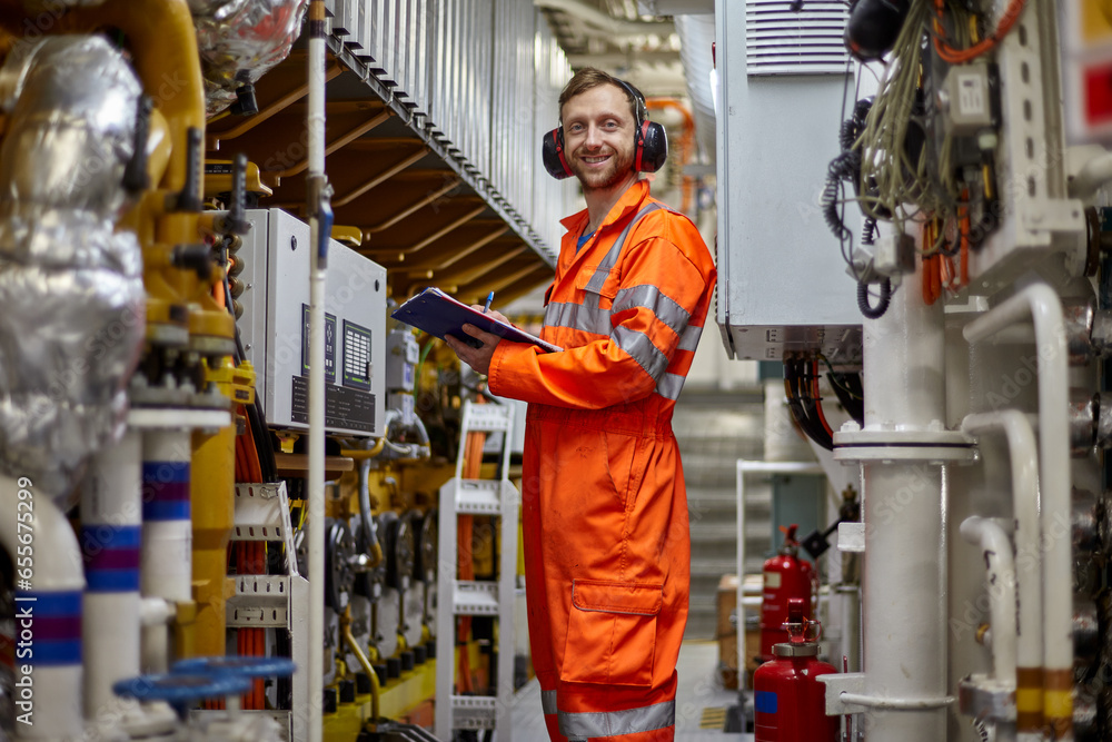 Portrait of young marine engineer in orange coverall doing daily check ...