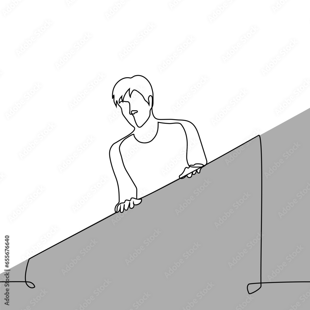 man stands on the stairs and looks down over the railing - one line art ...