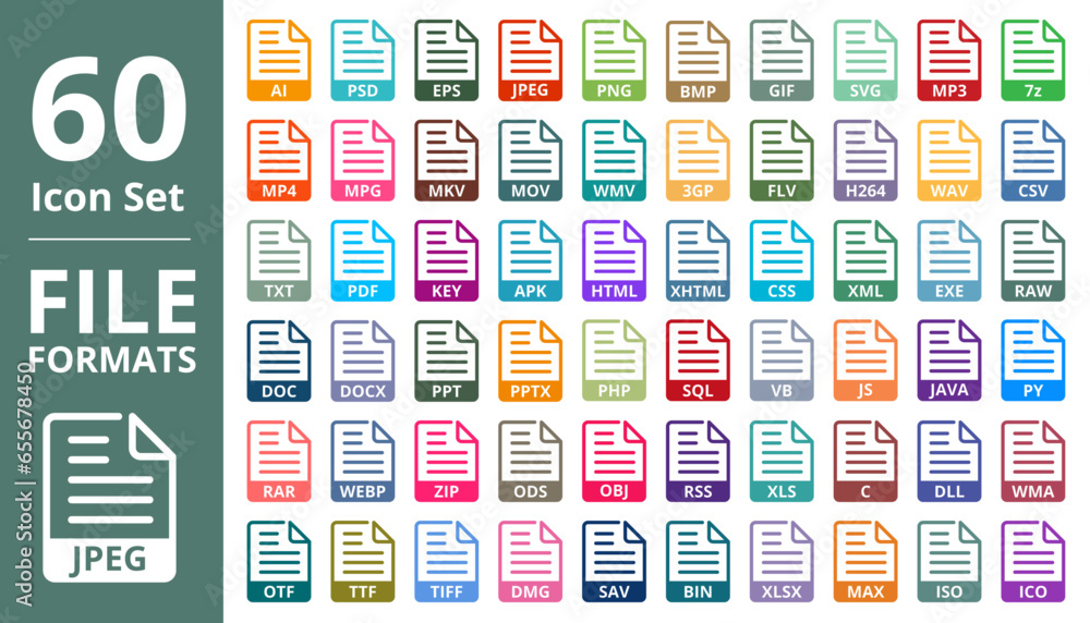 Colorful File Format Vector Icon Set. JPEG, PNG, GIF, BMP, EXE, AI, MP3 ...