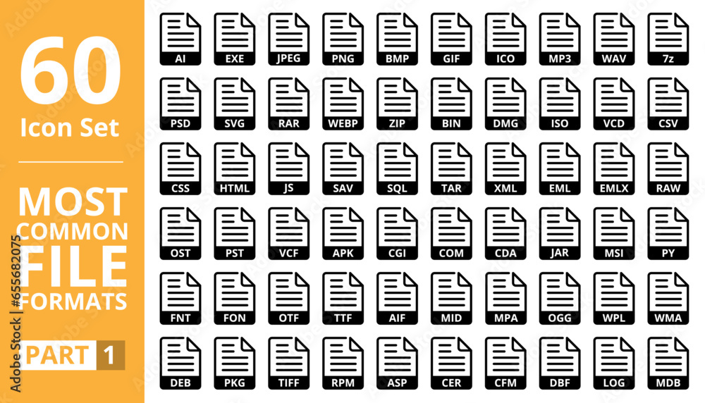 File Format Vector Icon Set. JPEG, PNG, GIF, BMP, EXE, AI, MP3, ZIP, 7z ...