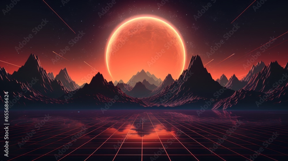 A retro arcade game-inspired wireframe landscape with pixelated ...