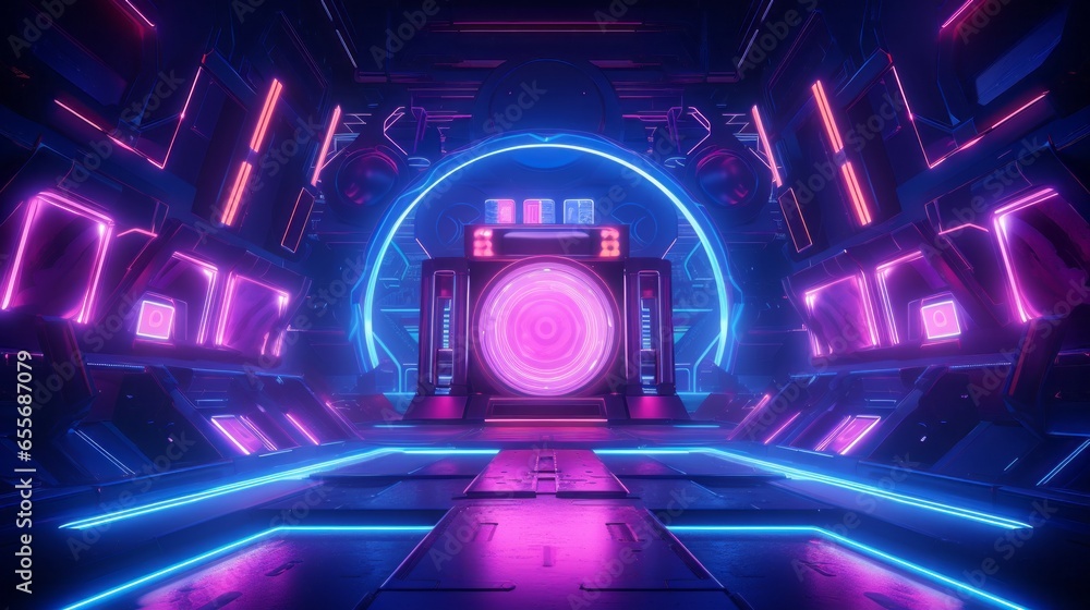 An abstract synthwave background with a glowing wireframe arcade ...