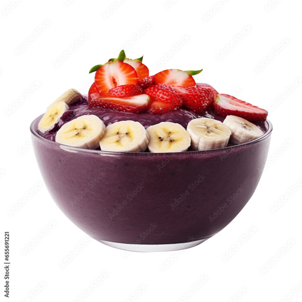 AÇAÍ BONITO TIGELA COM BANANA E MORANGOS ilustração do Stock | Adobe Stock