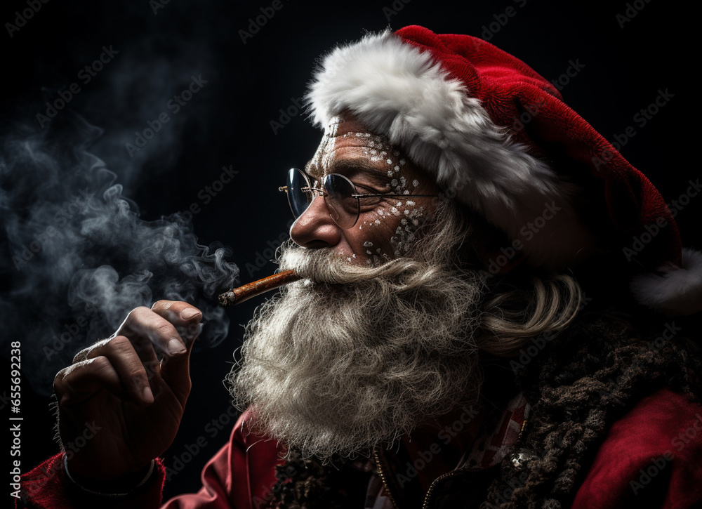 Santa Claus wearing sunglasses smoking a cigar and drinking whisk on ...