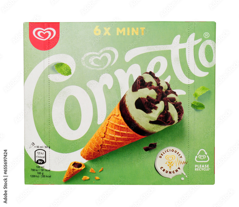 Walls mint and chocolate flavoured cornetto in a pack containing six ...