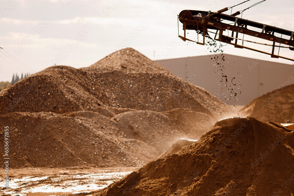 Sand quarry factory banner, Industrial plant with belt conveyor in open ...