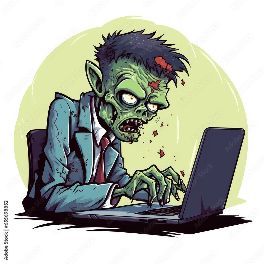 Cartoon zombie wearing a suit working in front of a computer, AI ...