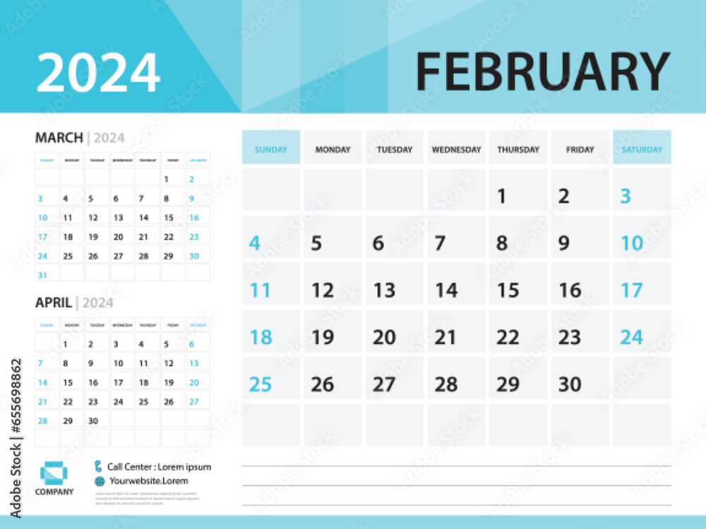 Calendar 2024 template, February 2024 year, Desk Calendar 2024 template ...