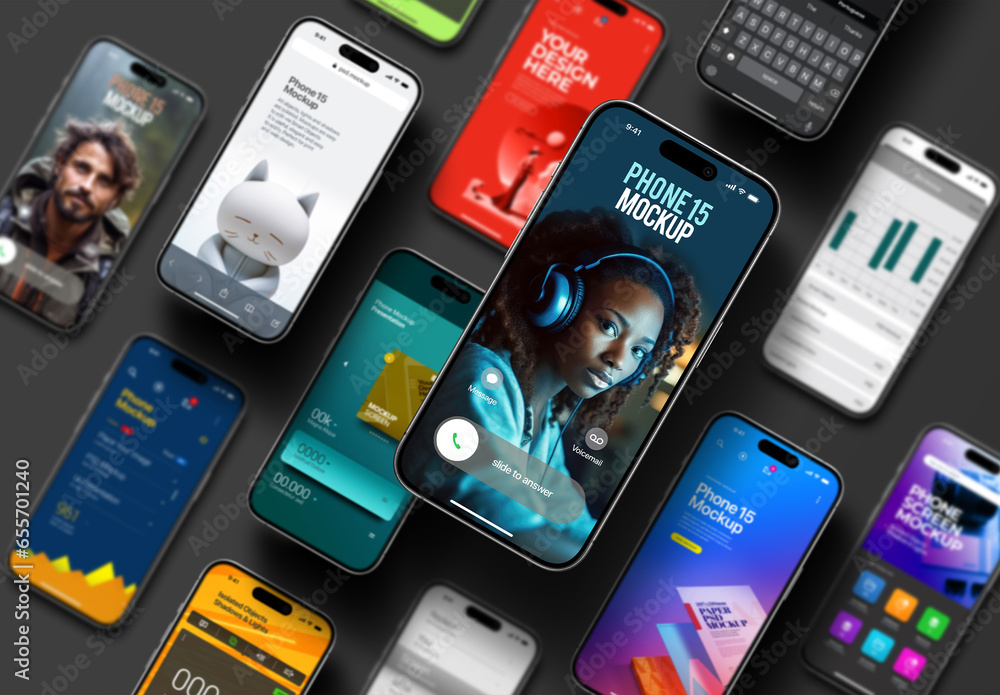 Phone Mockup 15 Pro Floating Set Stock Template | Adobe Stock