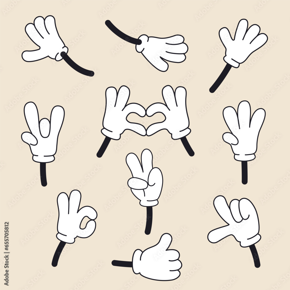 Vector set vintage cartoon hands in gloves. Cute animation character ...