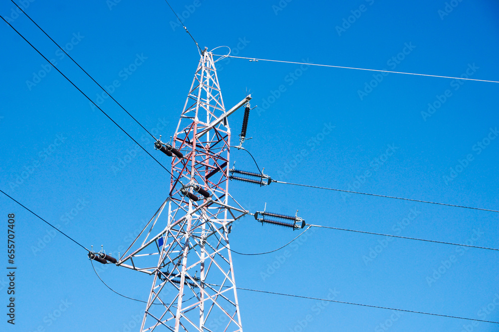 Transmission tower background. High voltage electricity pylon. Metal ...