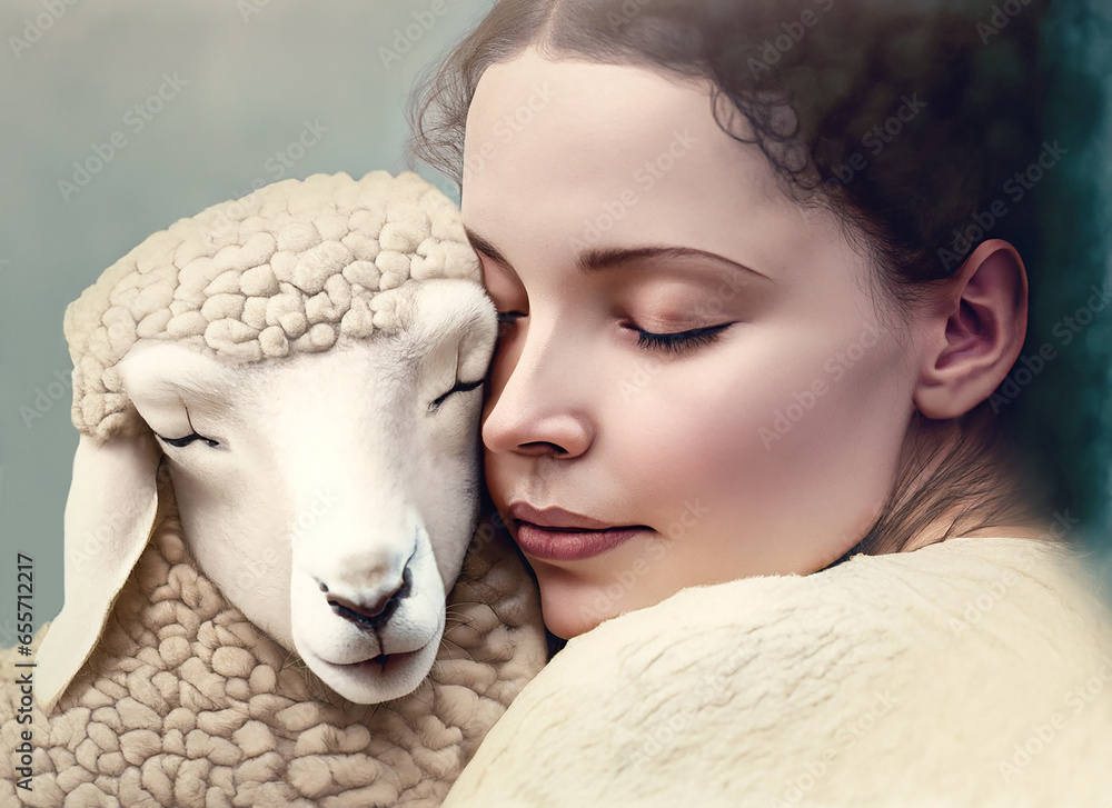 Girl hugging a lamb, concept vegan lifestyle and respect for all ...