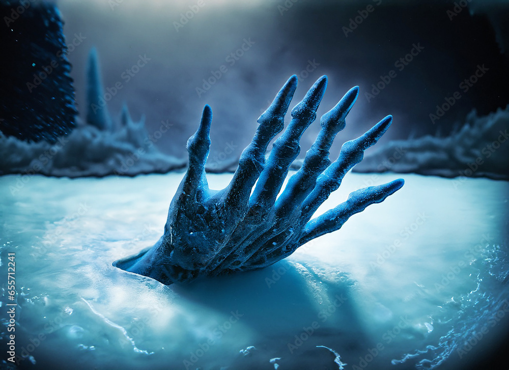 Bizarre alien hand on a frozen lake, creepy and horror theme Stock ...