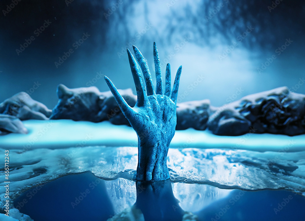 Bizarre alien hand on frozen lake, creepy and horror theme Stock ...