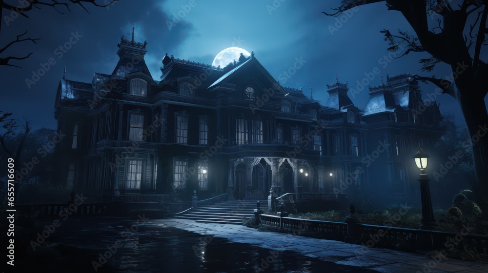 Moonlit Bruce Wayne's Manor with Bluish Gray Neon Lighting Captured on ...
