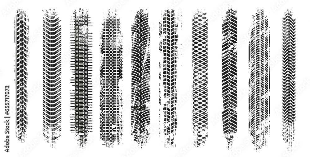 Realistic grunge wheel tires traces, dirty traces on road, tracks in ...