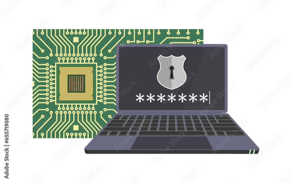 Vector 3D mobile computer. Shield with a keyhole on the screen ...