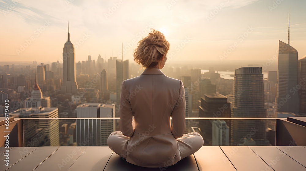 Professional business woman practicing mindfulness and meditation on ...